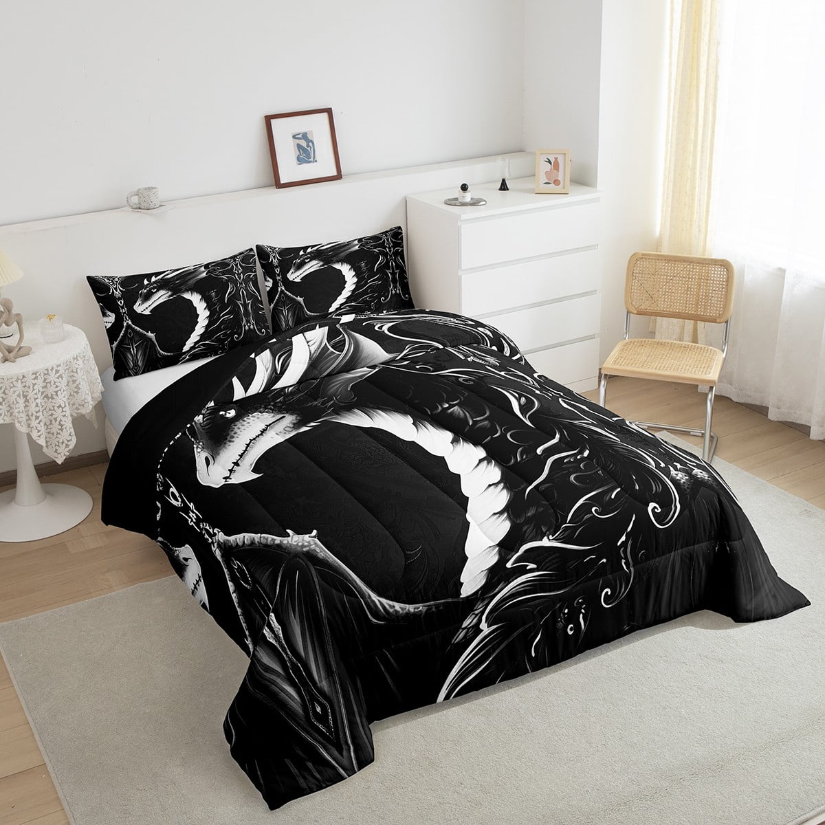 3D Dragon Comforter Set Queen Vintage Gothic Bedding Set,White Black ...