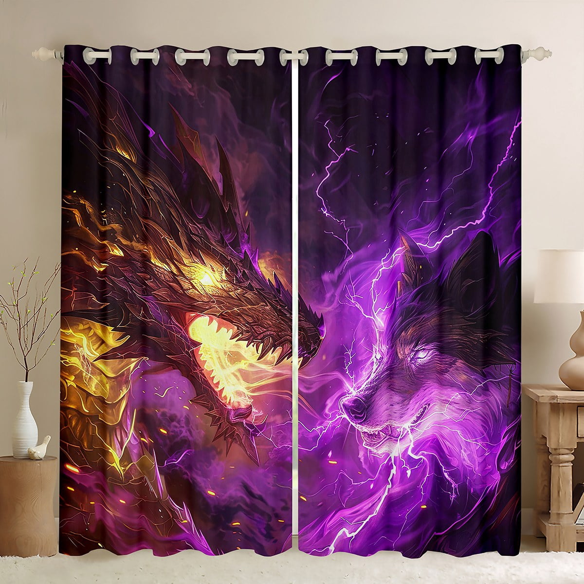 3D Dragon Curtains 2 Panels 42"Wx90"L Wild Wolf Curtains & Drapes ...
