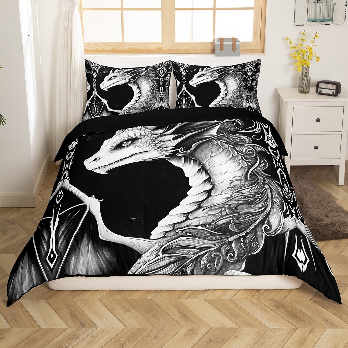 3D Dragon Duvet Cover King Vintage Gothic Bedding Set,Black and White ...