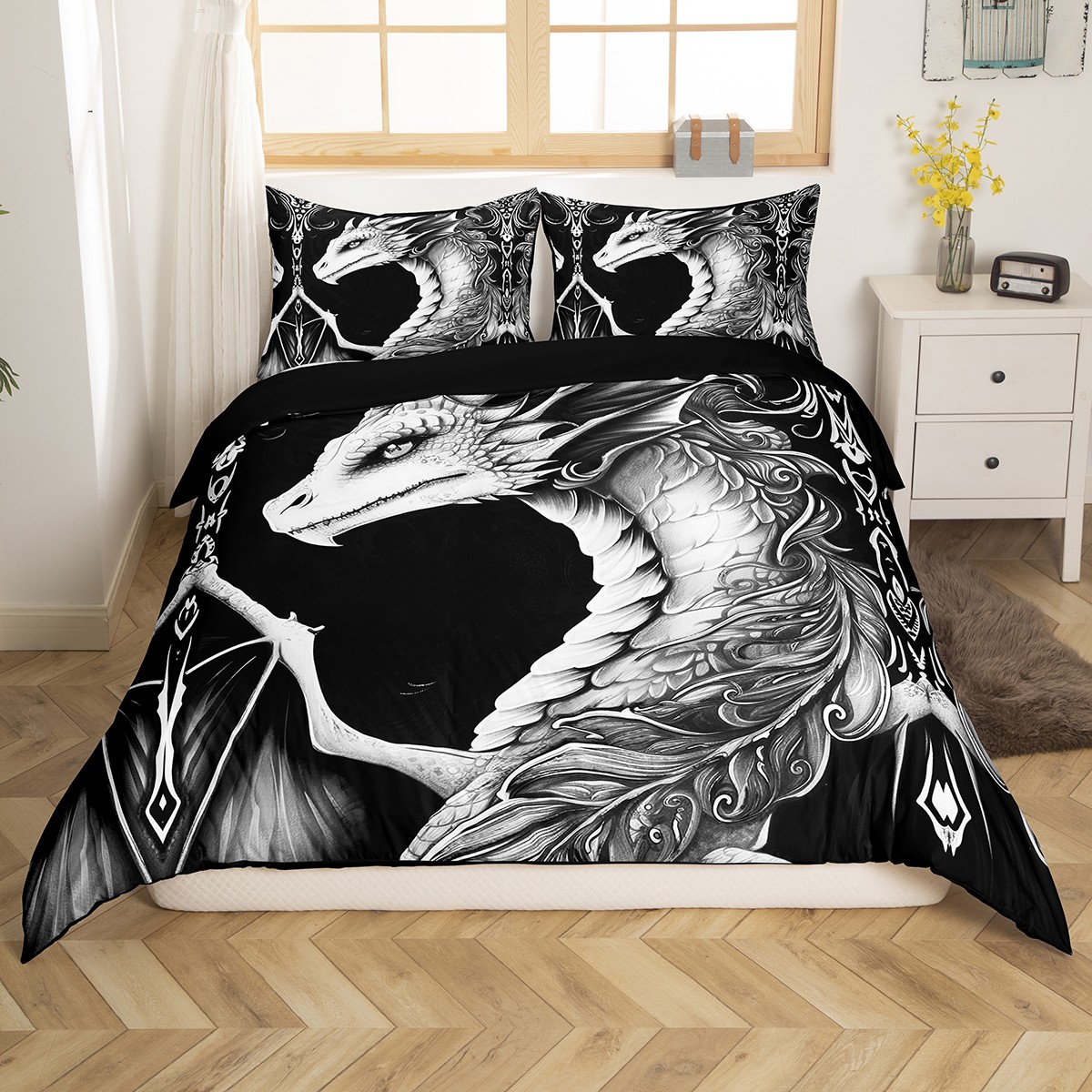 3D Dragon Duvet Cover Queen Vintage Gothic Bedding Set,Black and White ...