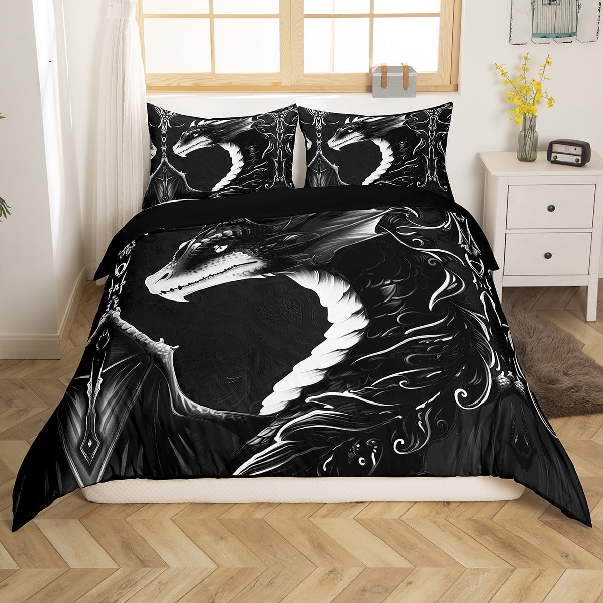 3D Dragon Duvet Cover Queen Vintage Gothic Bedding Set,White Black ...