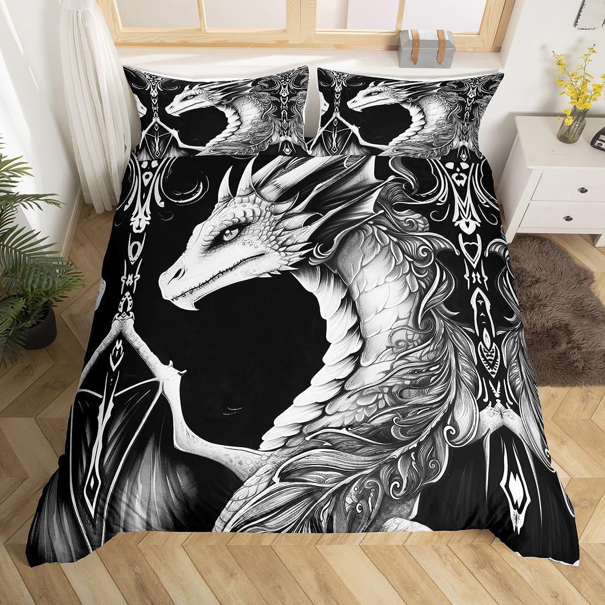 3D Dragon Duvet Cover Vintage Gothic Bedding Set,Black and White Dragon ...