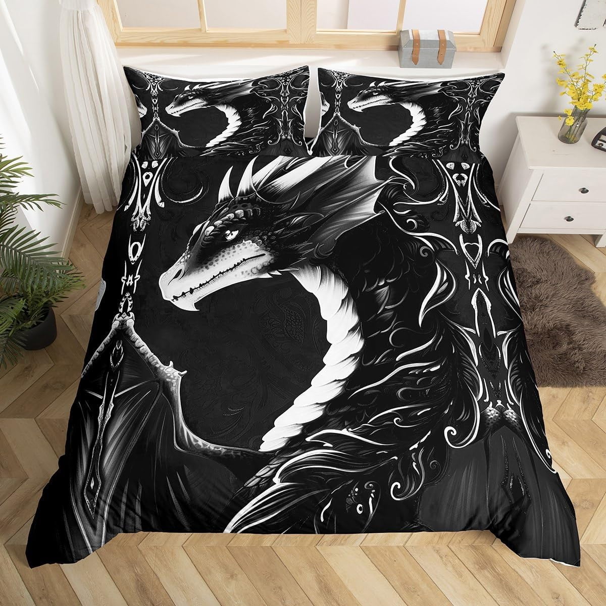 3D Dragon Duvet Cover Vintage Gothic Bedding Set,White Black Dragon ...