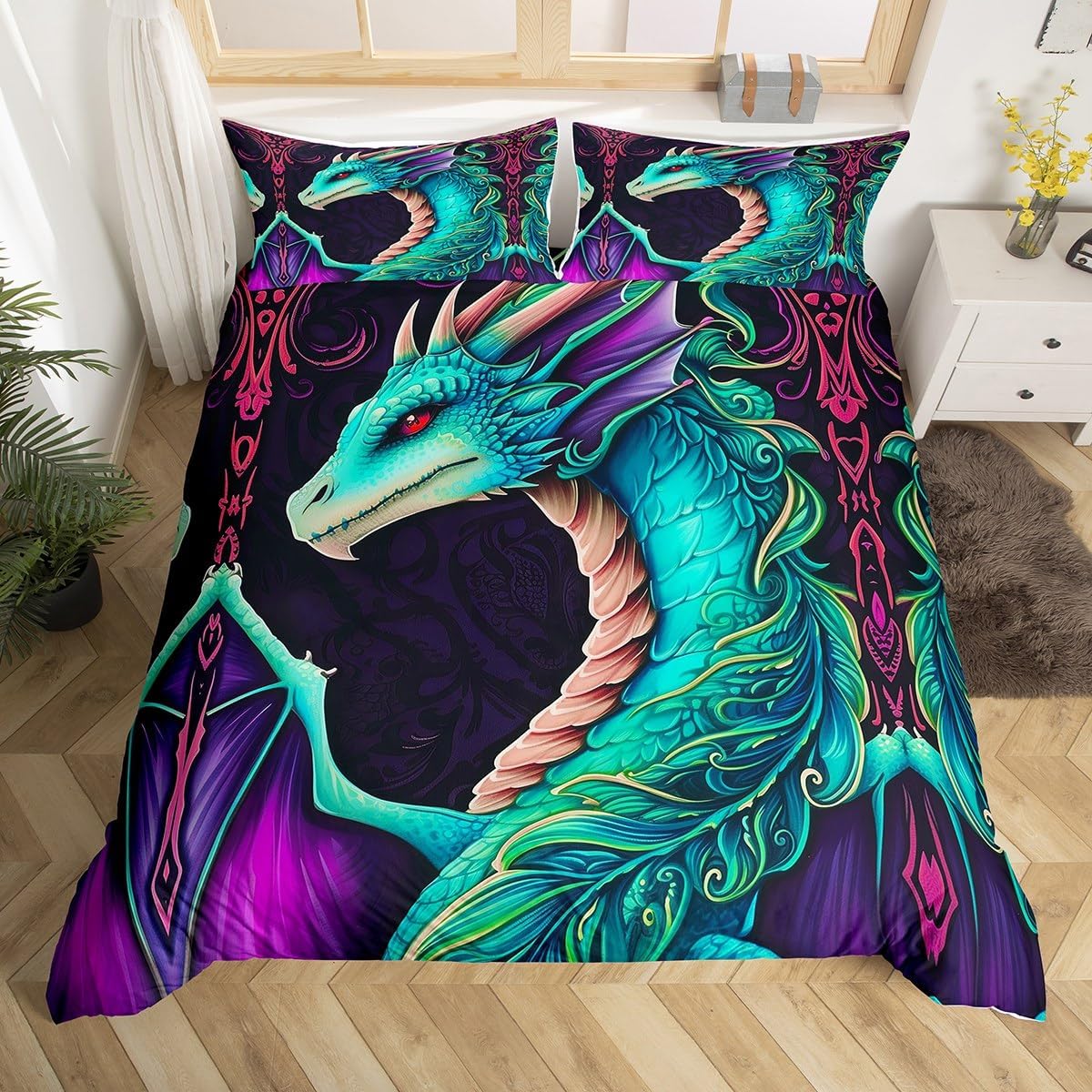 3D Dragon Duvet Cover Vintage Gothic Bedding Set,Women's Gothic Green ...