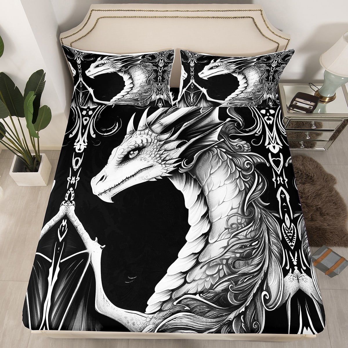 3D Dragon Fitted Sheet Twin Vintage Gothic Bed Sheets,Black and White ...