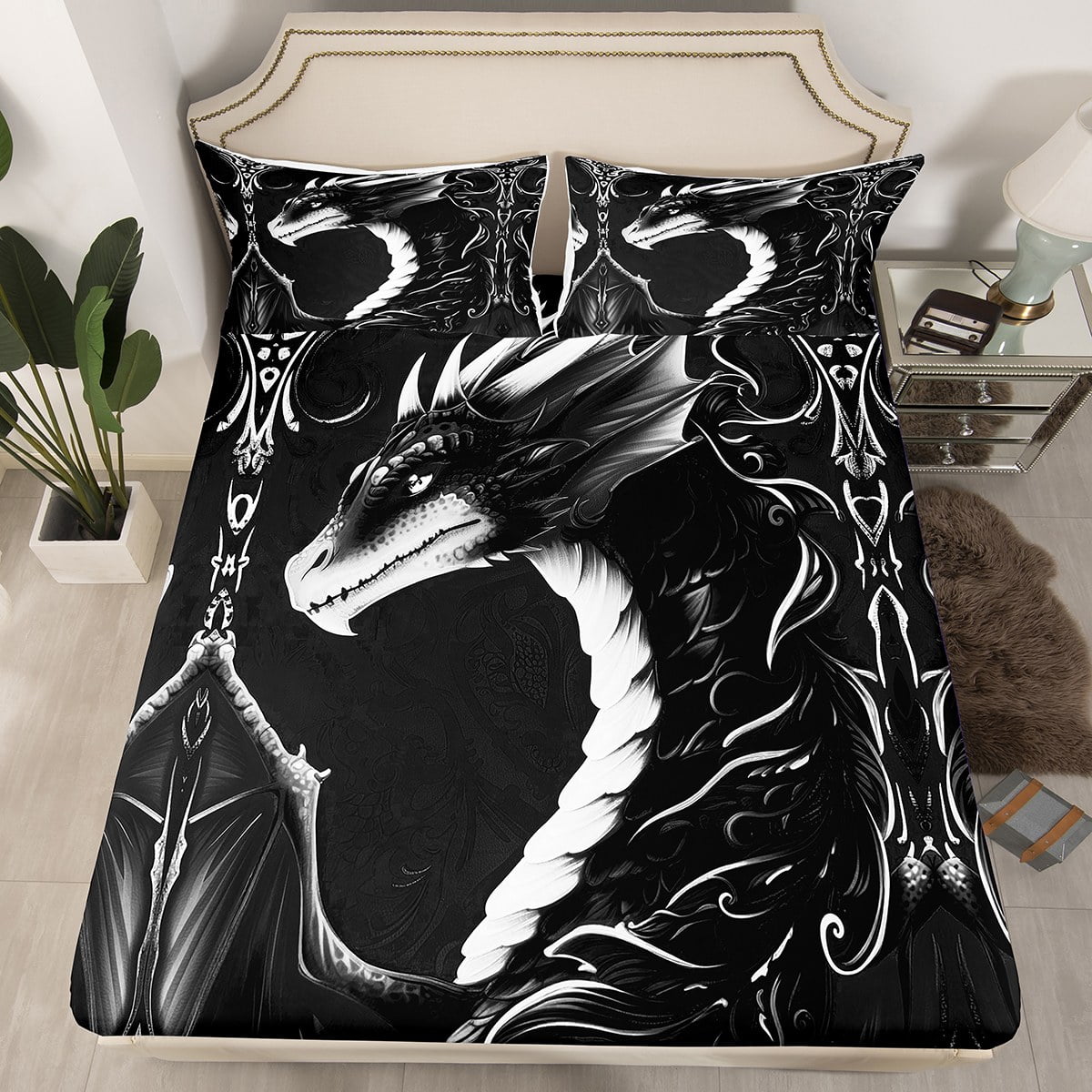 3D Dragon Fitted Sheet Twin Vintage Gothic Bed Sheets,White Black ...