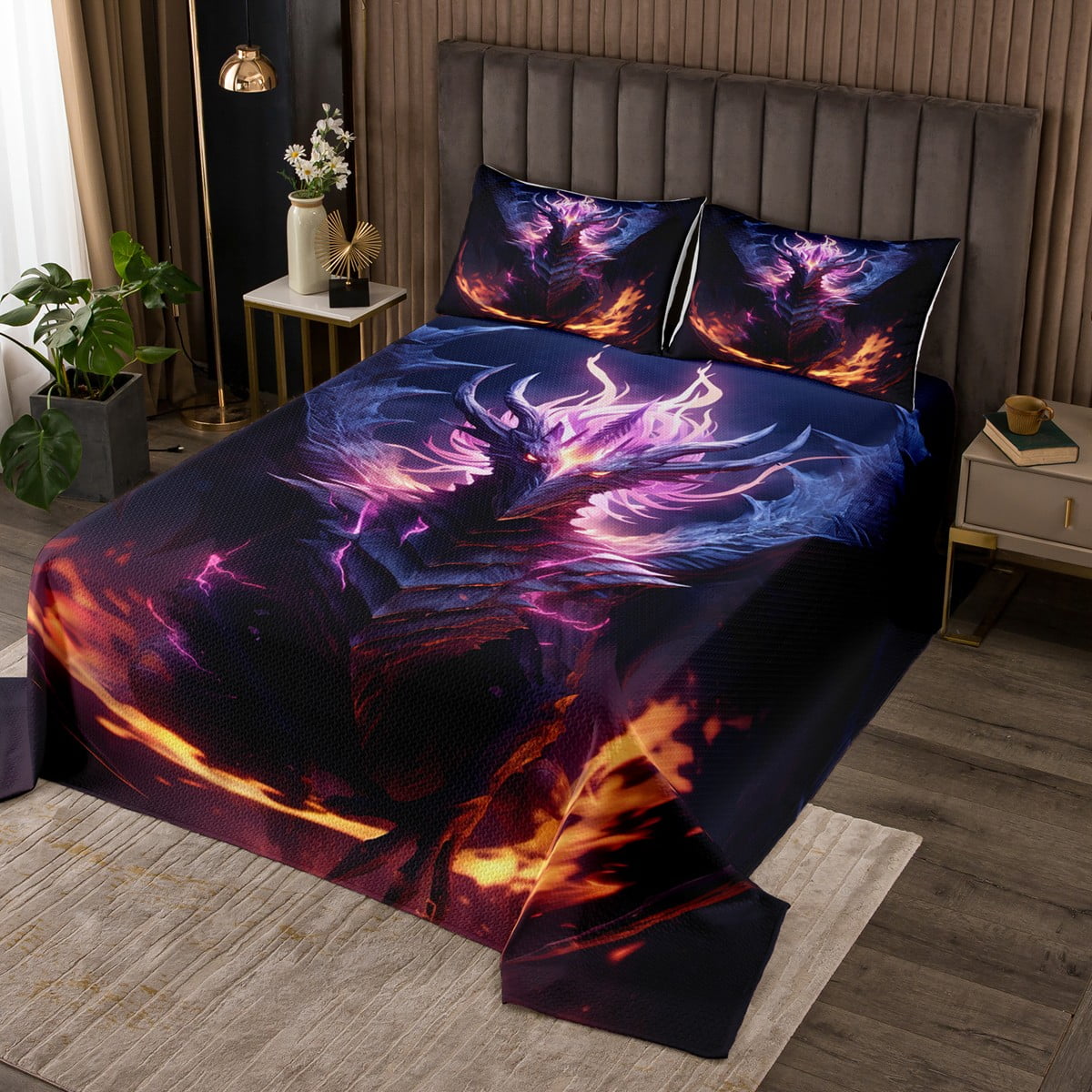 3D Dragon Lovers Coverlet Set Purple Fire Dragon Quilt Set Room Decor ...
