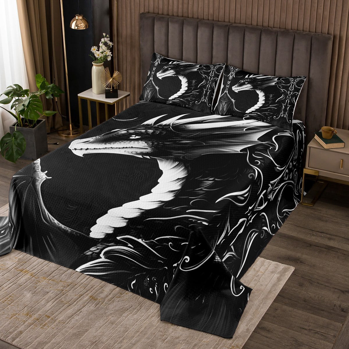 3D Dragon Quilt Set King Vintage Gothic Bedspread Set,White Black ...