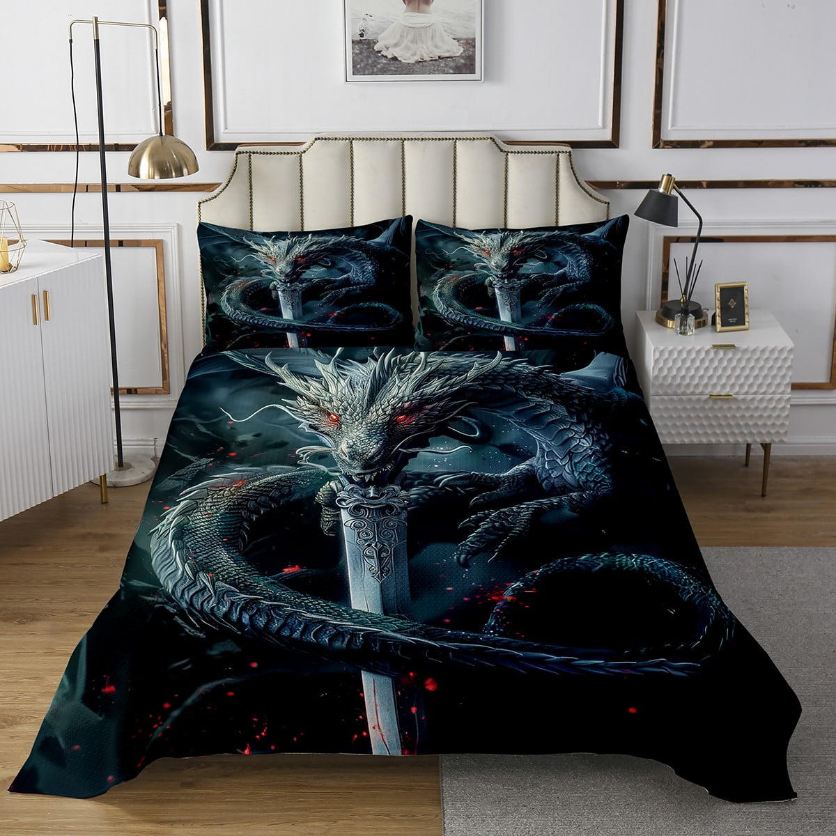 3D Dragon Quilt Set Sword Dragon Bedspread Set Queen,Cool Animal Fire ...