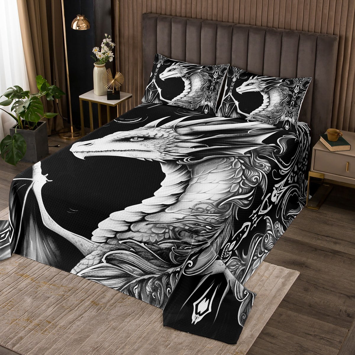 3D Dragon Quilt Set Twin Vintage Gothic Bedspread Set,Black and White ...