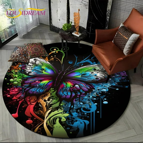 3D Dream Butterfly Flower Cartoon Round Carpet Rug for Living Room ...