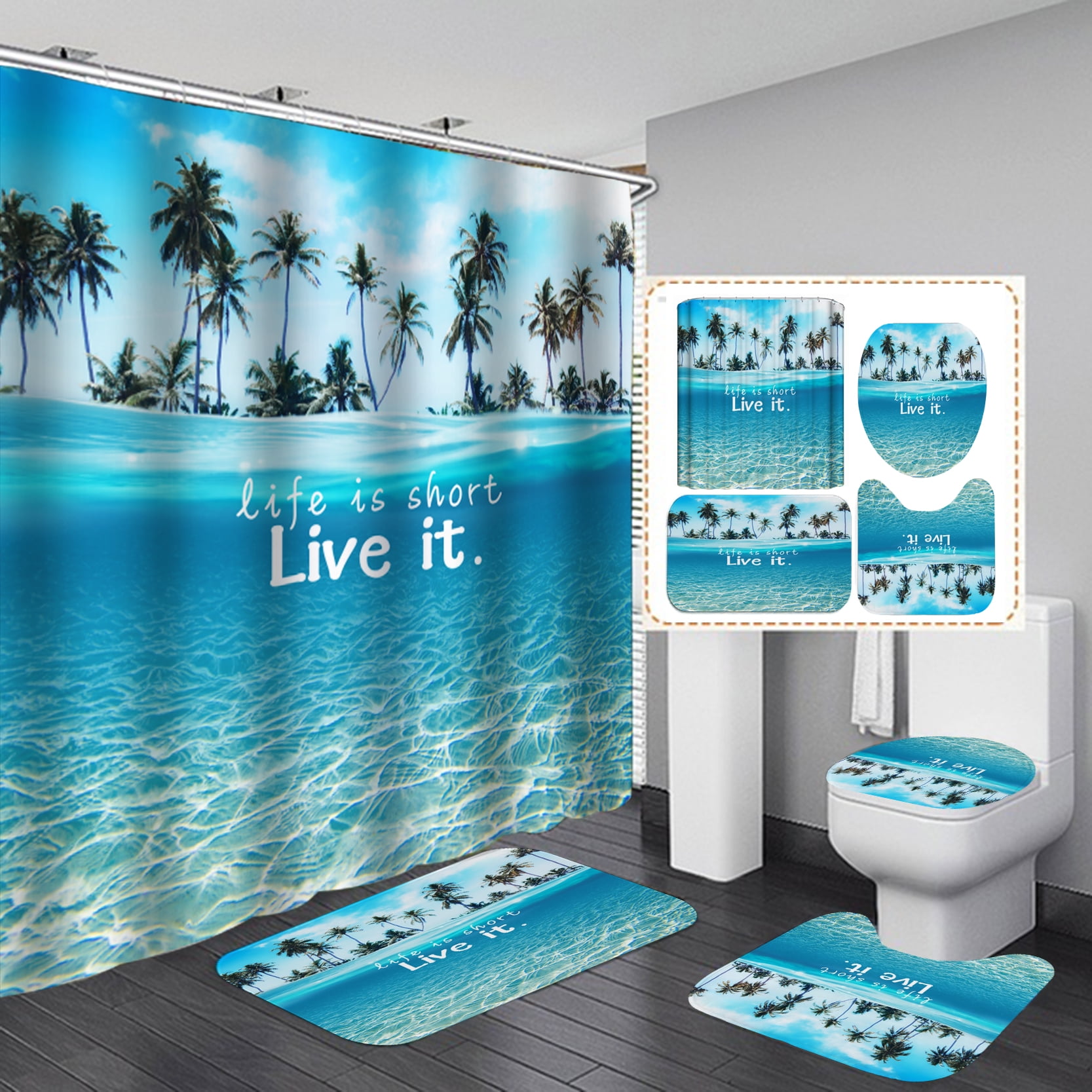 3D Dusk Beach Coconut Tree Waterproof Shower Curtains Purple Polyester ...