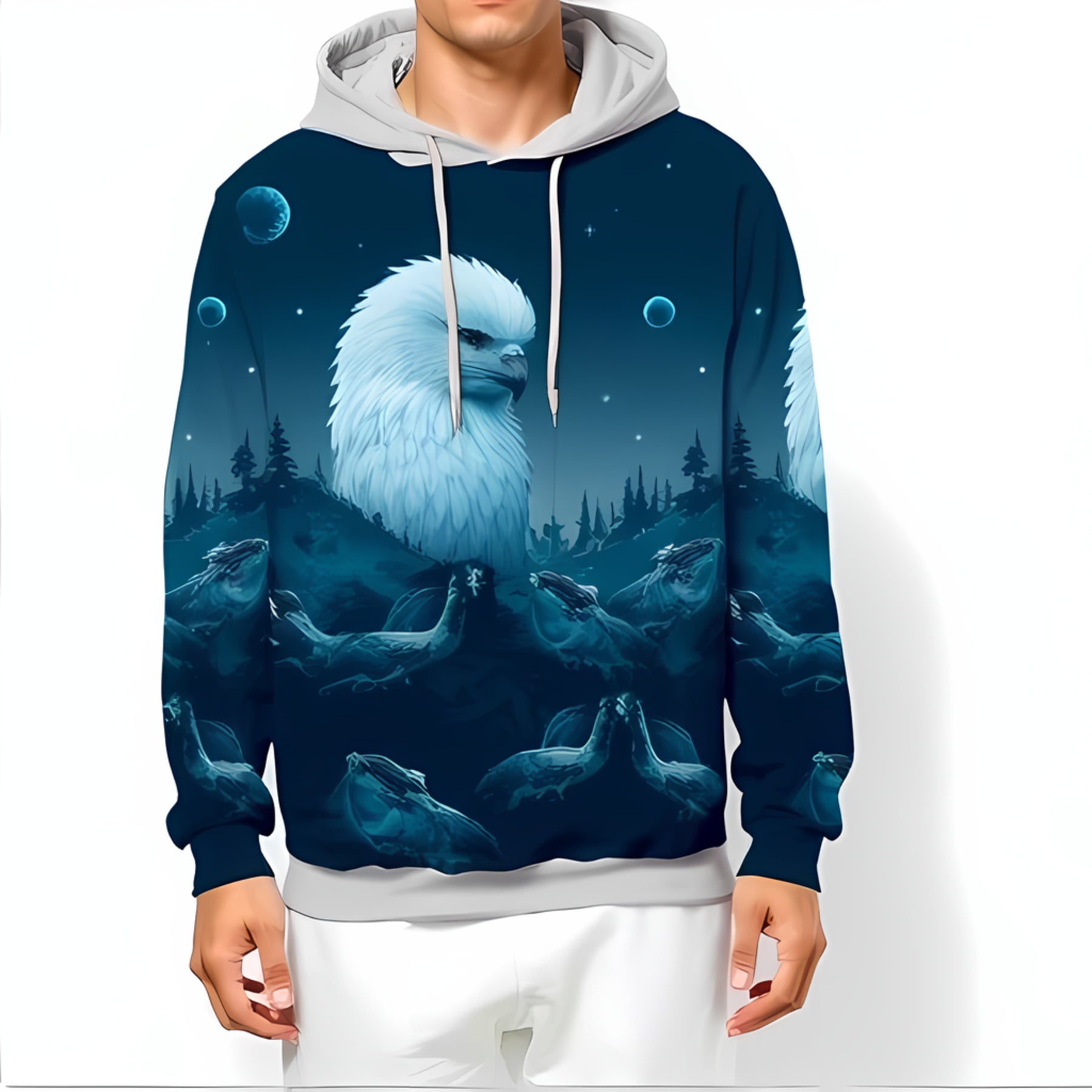 3D Eagle Print Blue Hooded Sweatshirt with White Drawstring Stylish Men's Hoodie with Forest and ...
