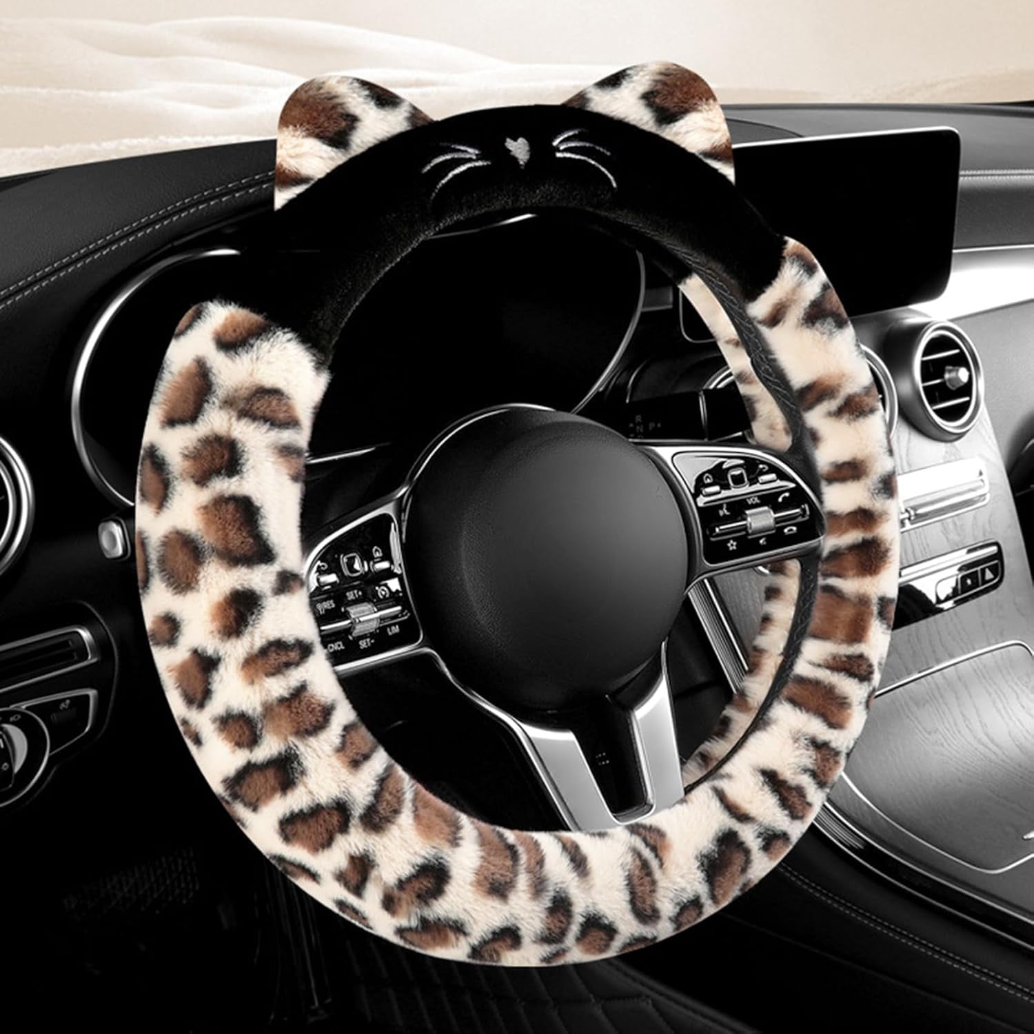 3D Ear Furry Cheetah Car Steering Wheel Cover, 15 Inches Fluffy Faux ...