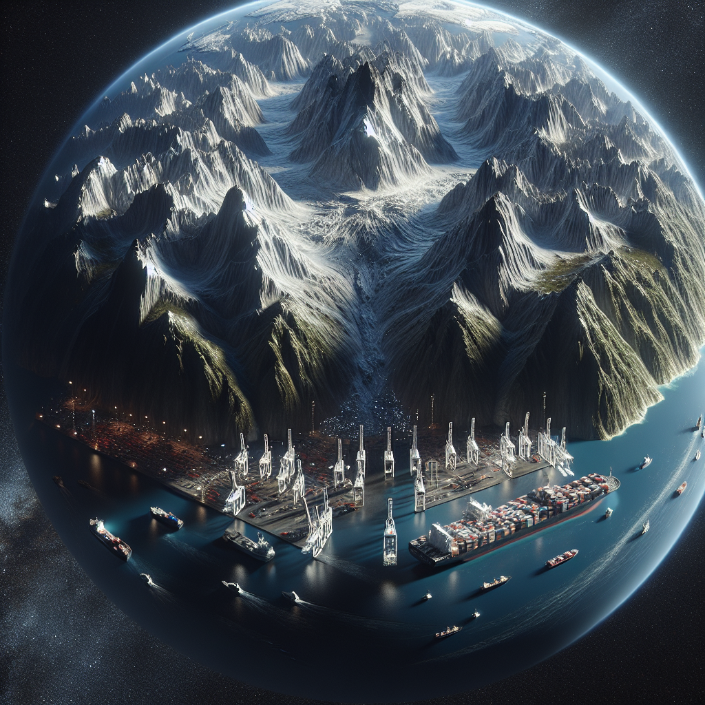 3D Earth Rendering with Majestic Mountain Range and Busy Port View Toy ...