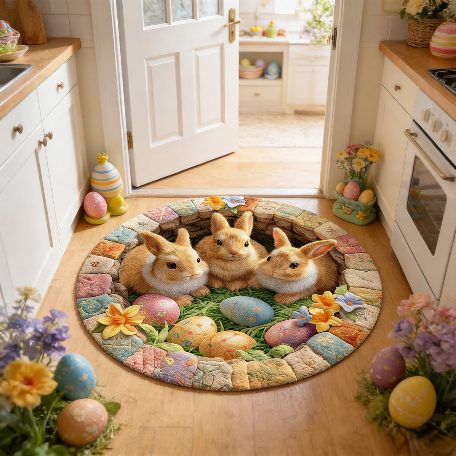 3D Easter Bunny Doormat – Non-Slip Faux Plush Entryway Rug with Retro ...