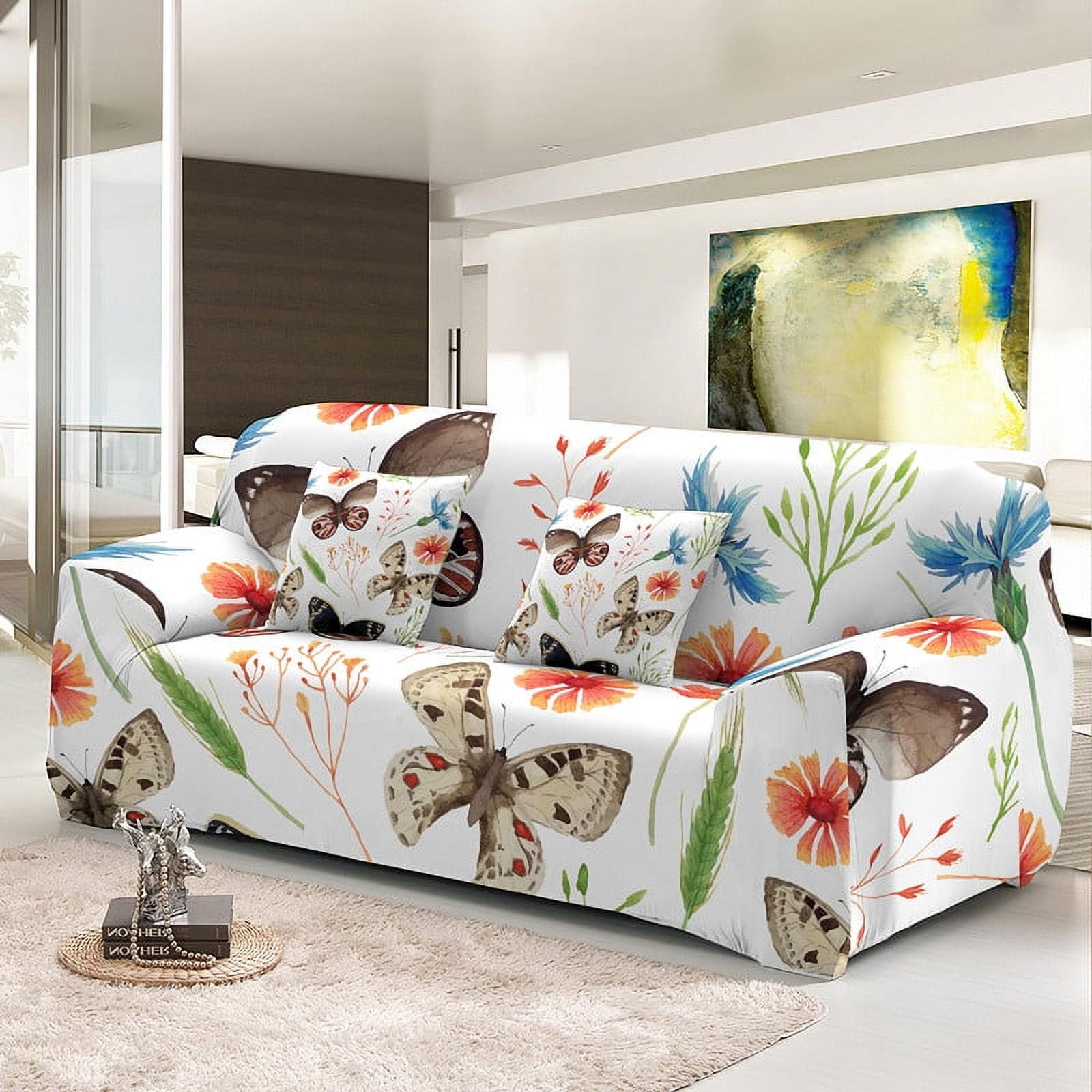 3D Elastic Sofa Covers for Living Room Colorful Feather Print Stretch ...