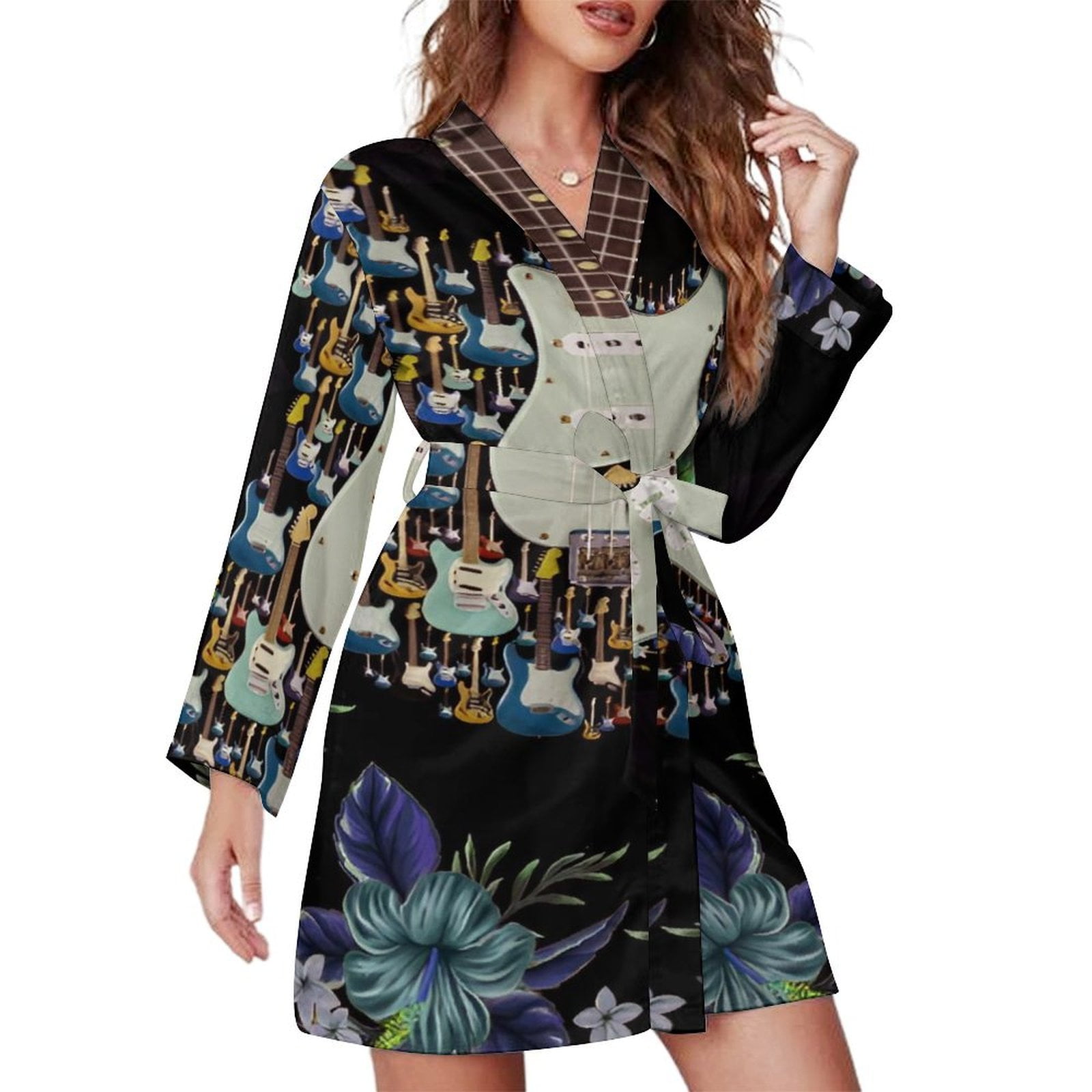 3D Electric Guitar Night Robe Long Sleeve V Neck Robe With Belt Women's ...