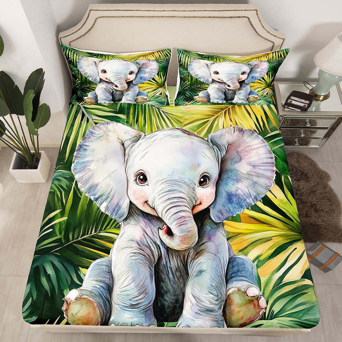 3D Elephant Bedding Set Tropical Palm Leaves Fitted Sheet Cute Elephant ...
