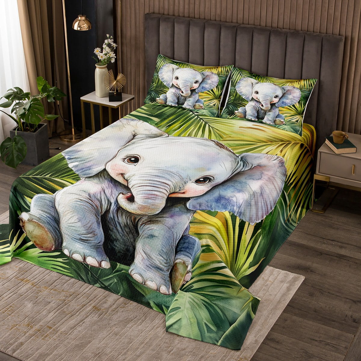 3D Elephant Bedspread Queen Size,Tropical Palm Leaves Bedding Set Room ...