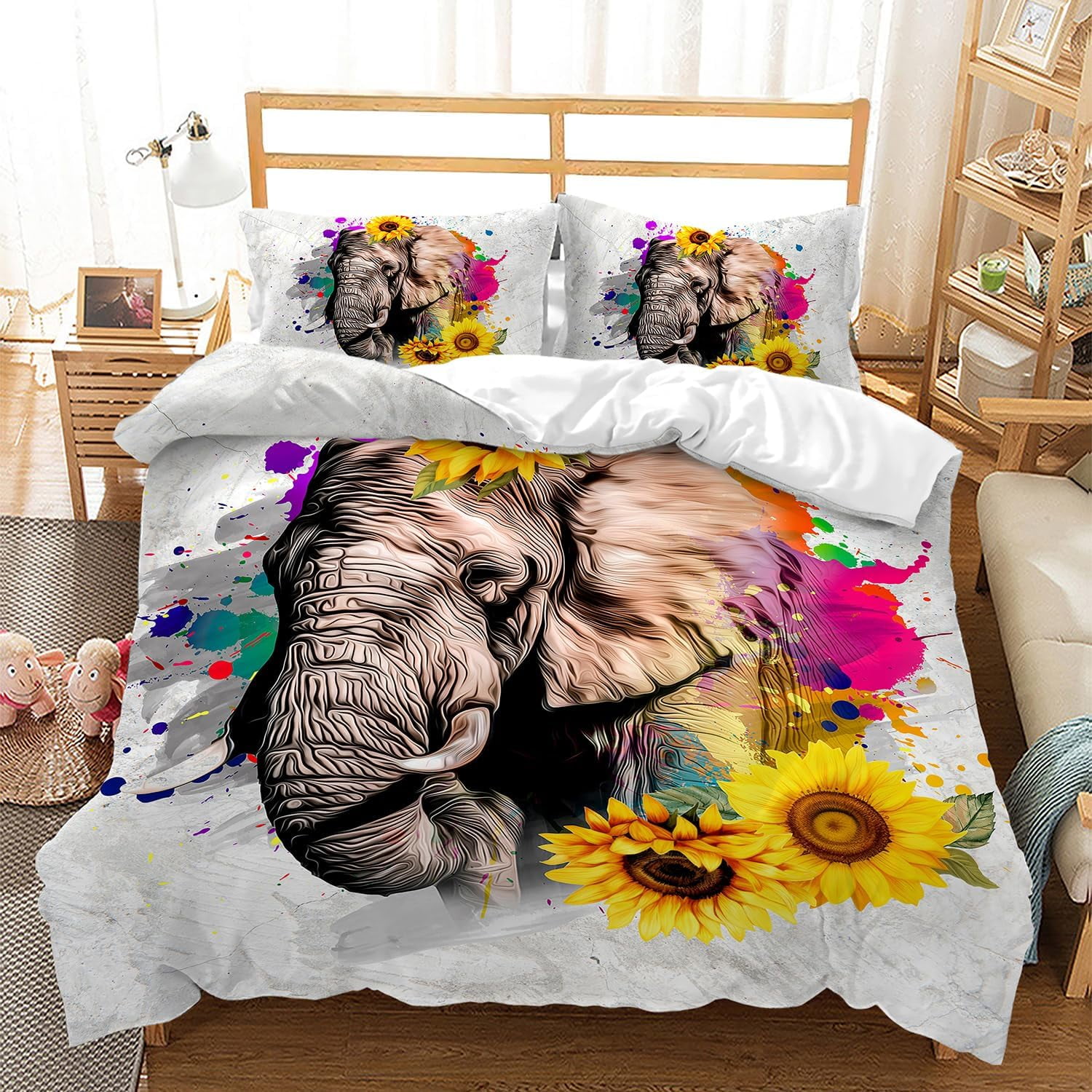 3D Elephant Duvet Cover Set, Sunflower with Elephant Bedding Set for ...