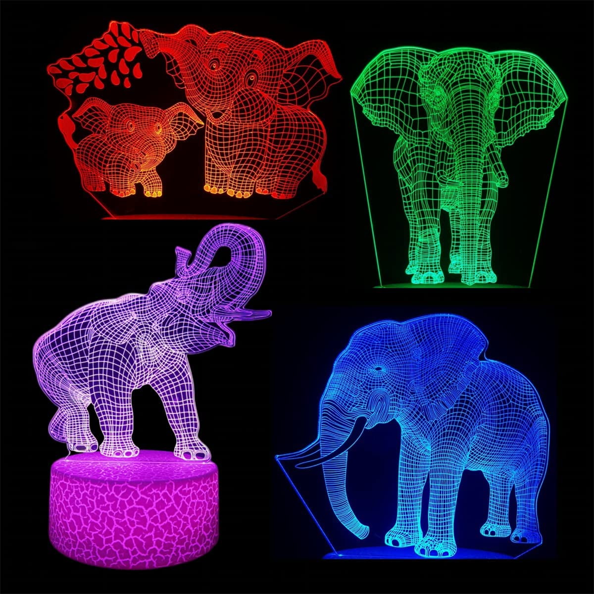 3D Elephant Night Light,4 Patterns 3D Hologram Illusion Lamp,Dimmable ...