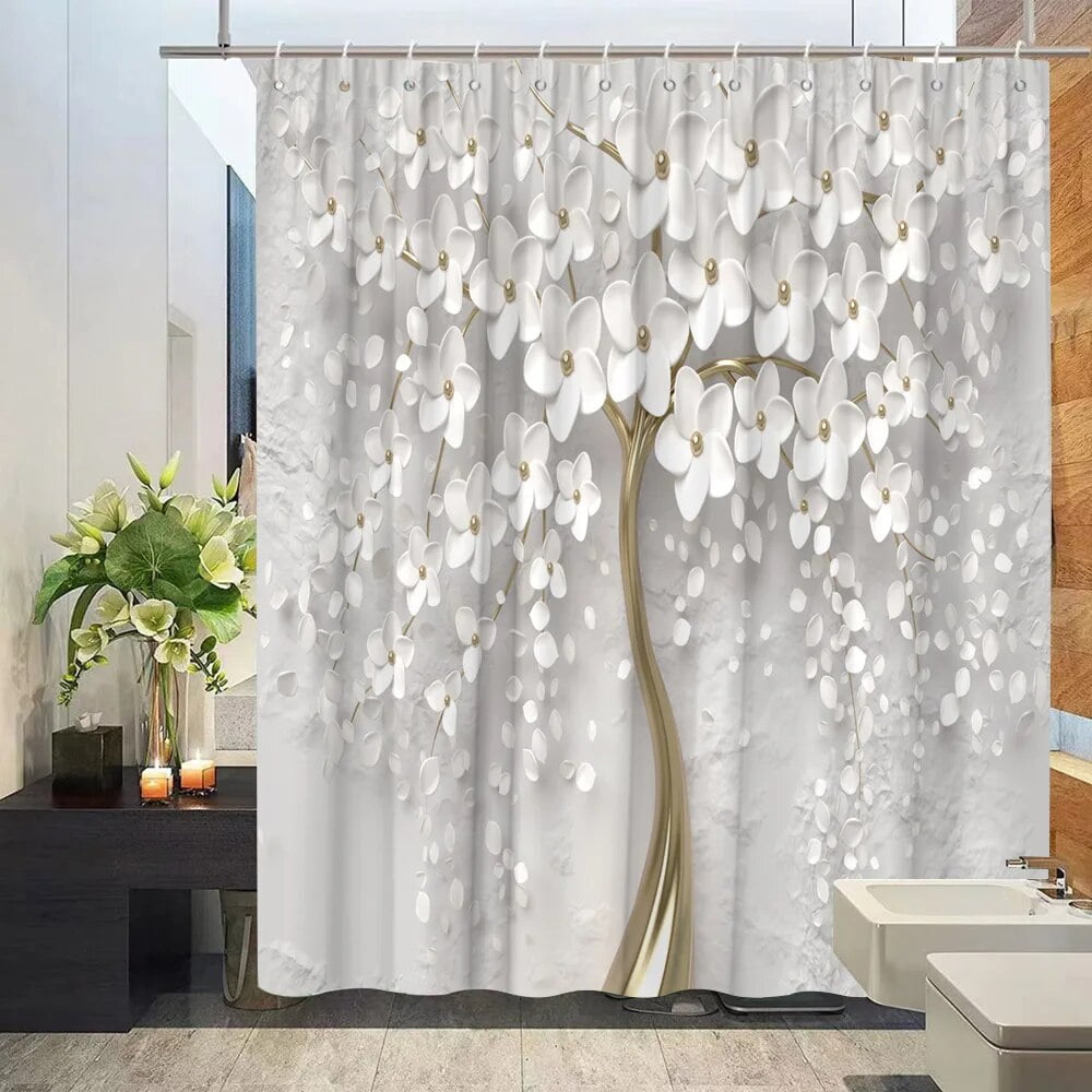 3D Embossed Flower Geometry Shower Curtain Vine Leaves Butterfly ...
