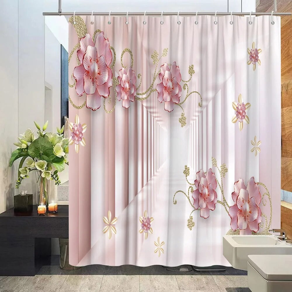 3D Embossed Flower Geometry Shower Curtain Vine Leaves Butterfly ...