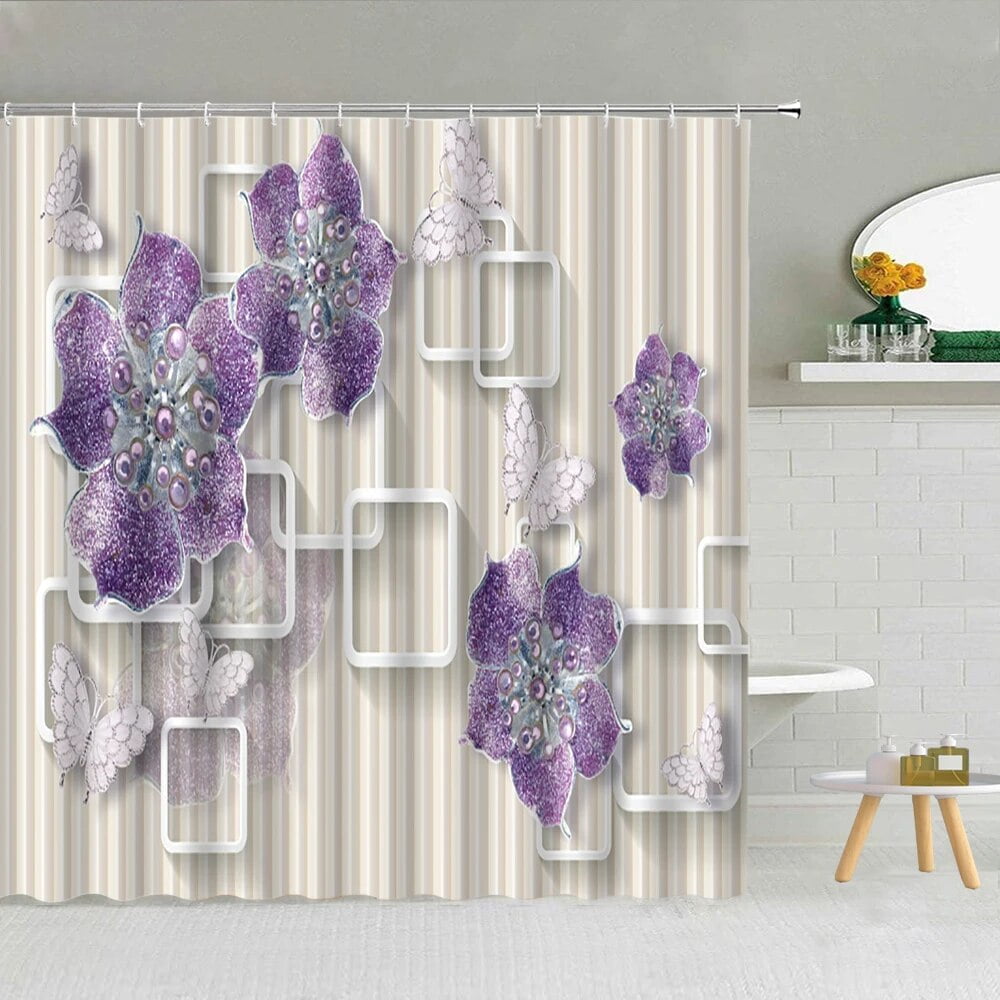 3D Embossed Flower Geometry Shower Curtain Vine Leaves Butterfly ...