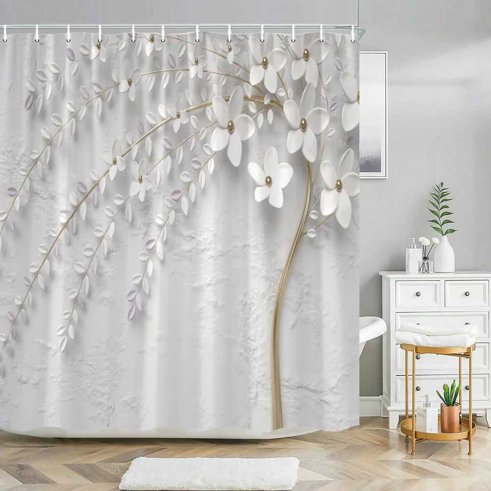 3D Embossed Flower Geometry Shower Curtain Vine Leaves Butterfly ...