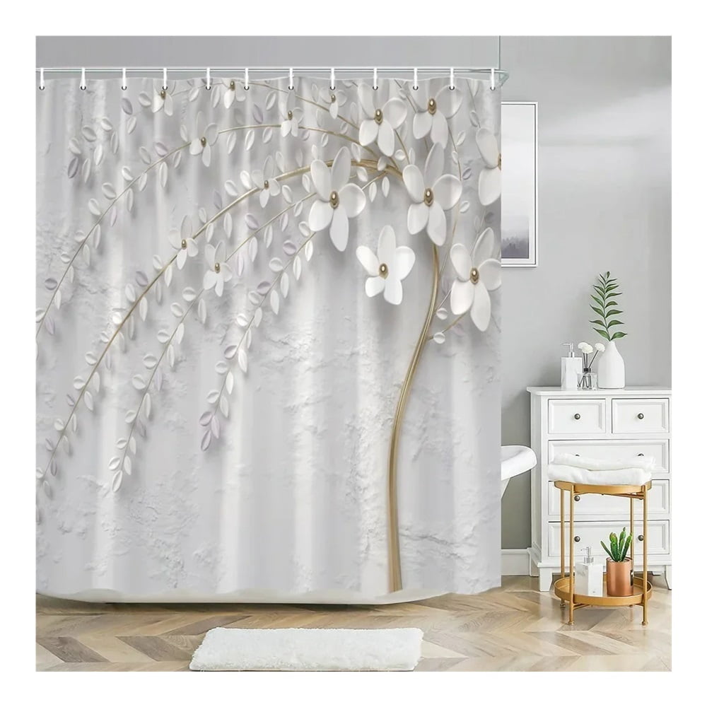 3D Embossed Flower Geometry Shower Curtain Vine Leaves Butterfly ...