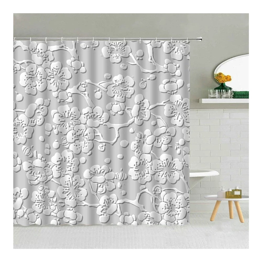 3D Embossed Flower Geometry Shower Curtain Vine Leaves Butterfly ...