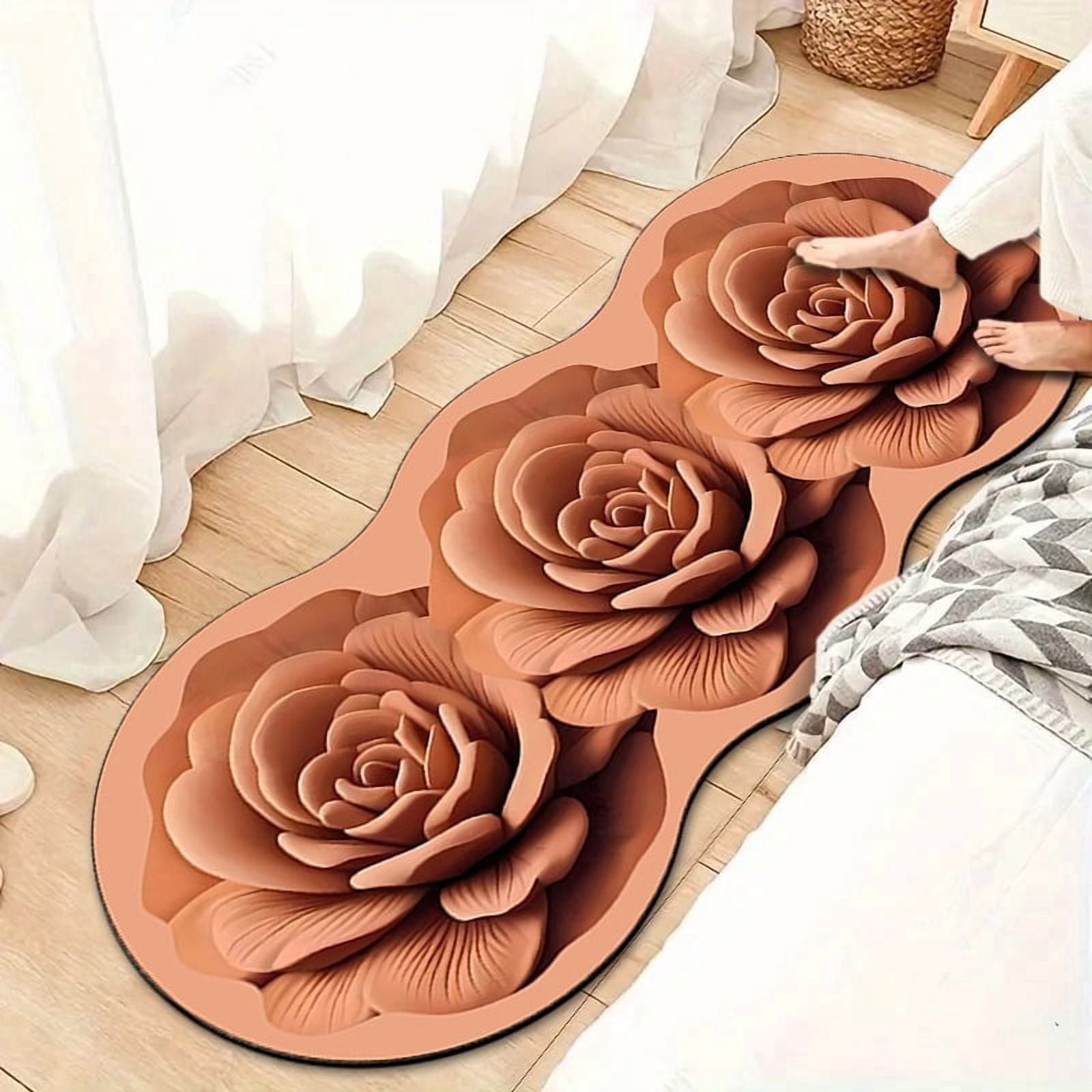 3D Embossed Rose Flower Shaped Runner Rug Peach Floral Ultra Soft Non ...