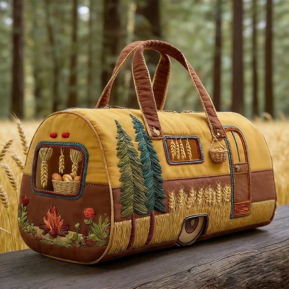 3D Embroidered Camper Van Quilted Handbags – Pleated Cotton Travel Tote ...