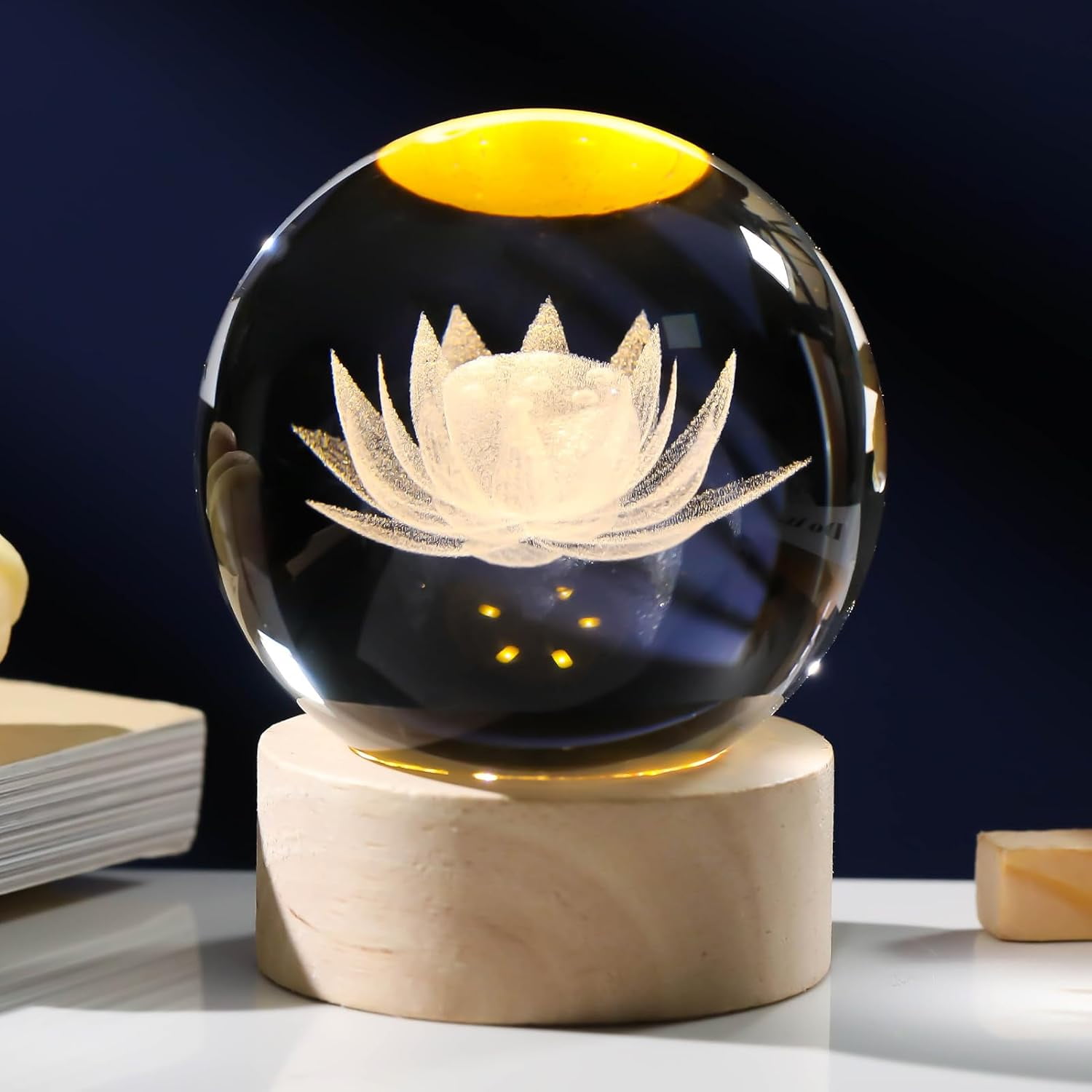 3D Engraving Lotus Flower Figurine Ball with Wooden Light Base, Glass ...