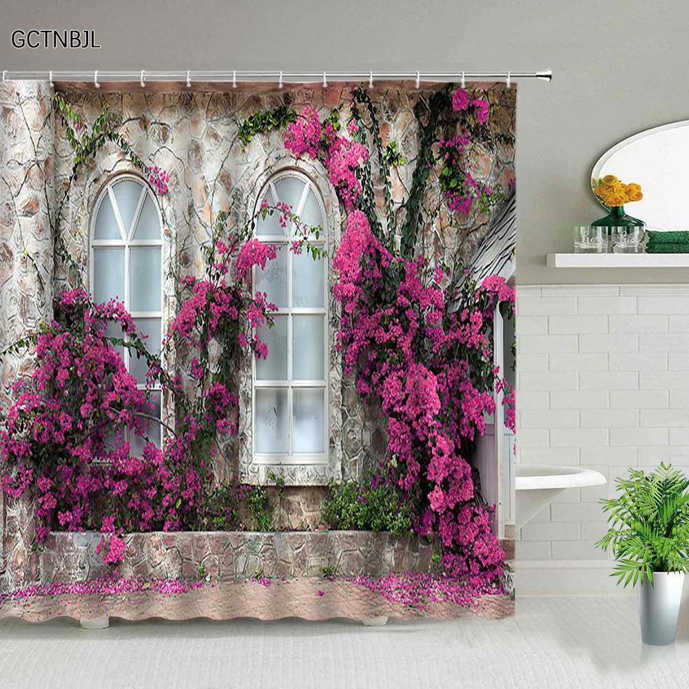 3D Europe Seaside Town Shower Curtain Flower Vine Courtyard Nature Scenery Polyester Fabric Home ...