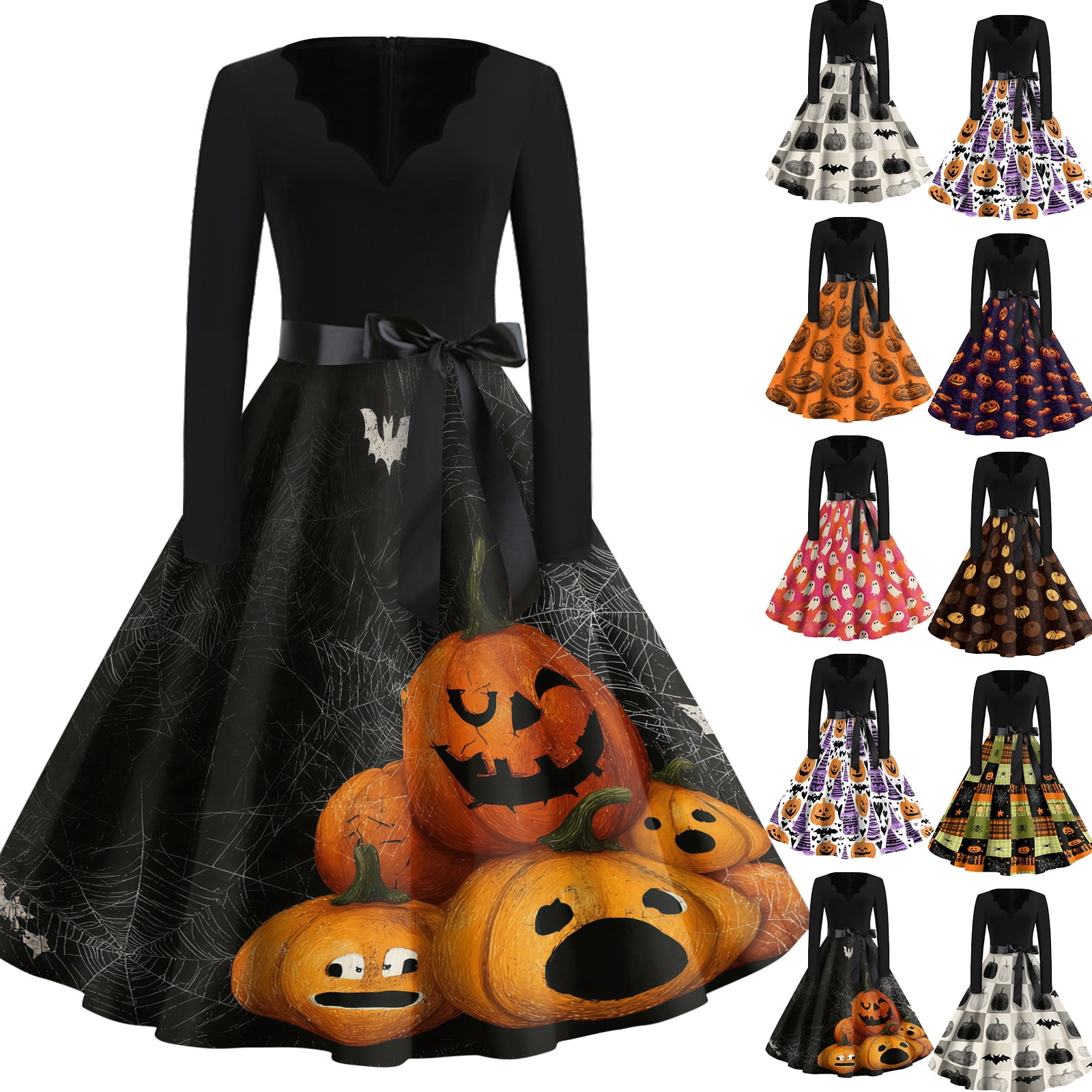3D Expression Pumpkin Spider Web Halloween Womens Scalloped V Neck Long ...