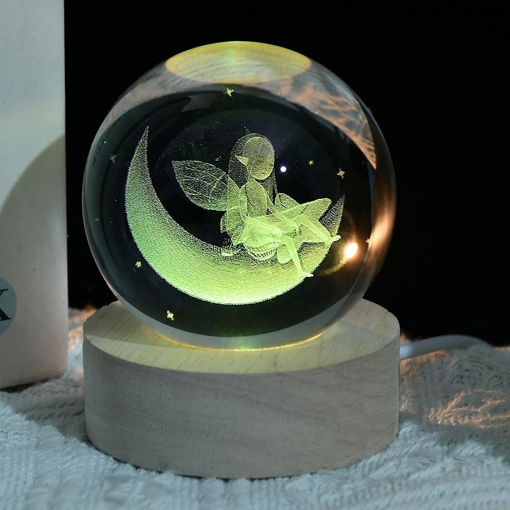 3D Fairy & Moon Crystal Ball Fairy Glass Snow Ball with Light Base 60mm ...