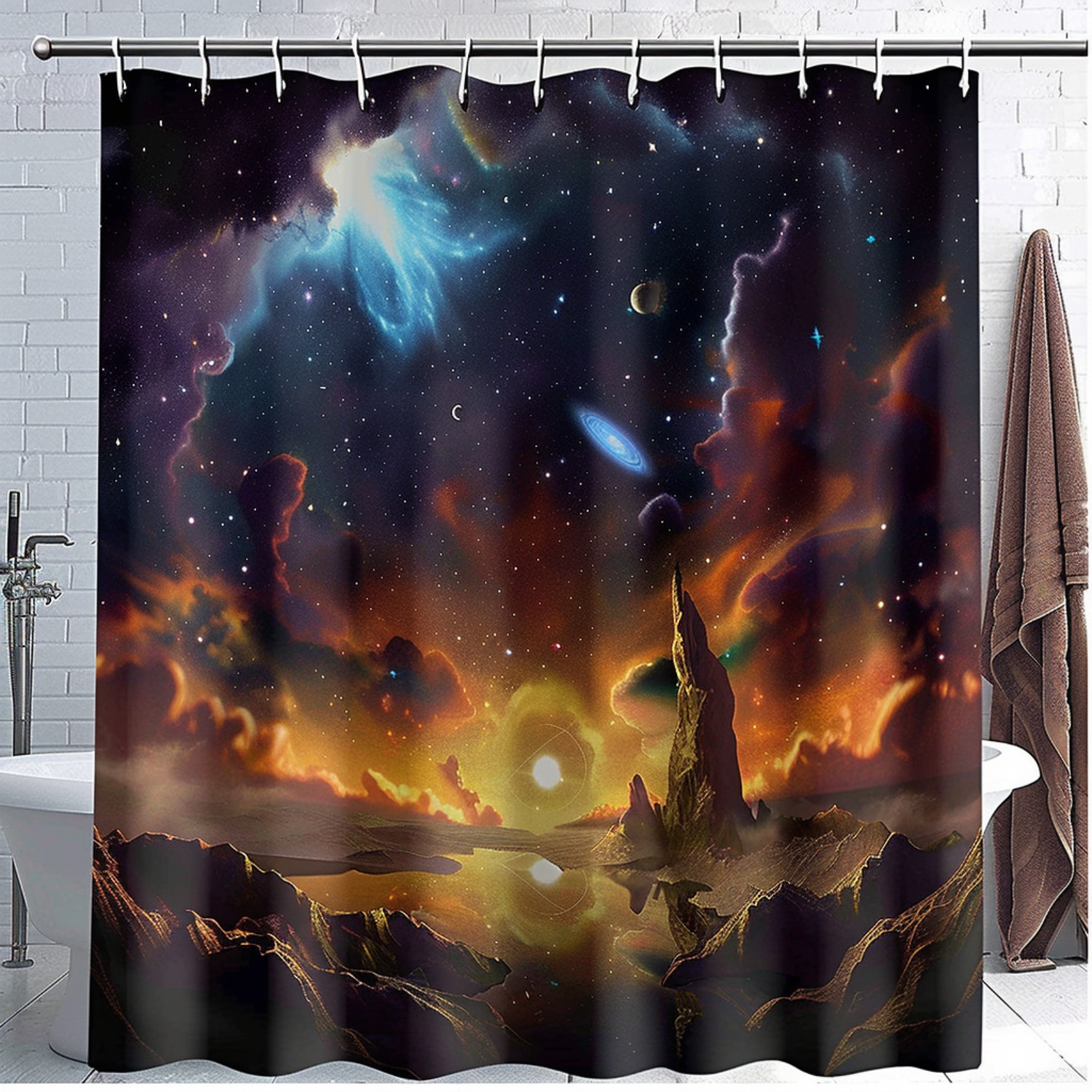 3D Fantasy Landscape Shower Curtain Alien World Planet Surface Nebula ...