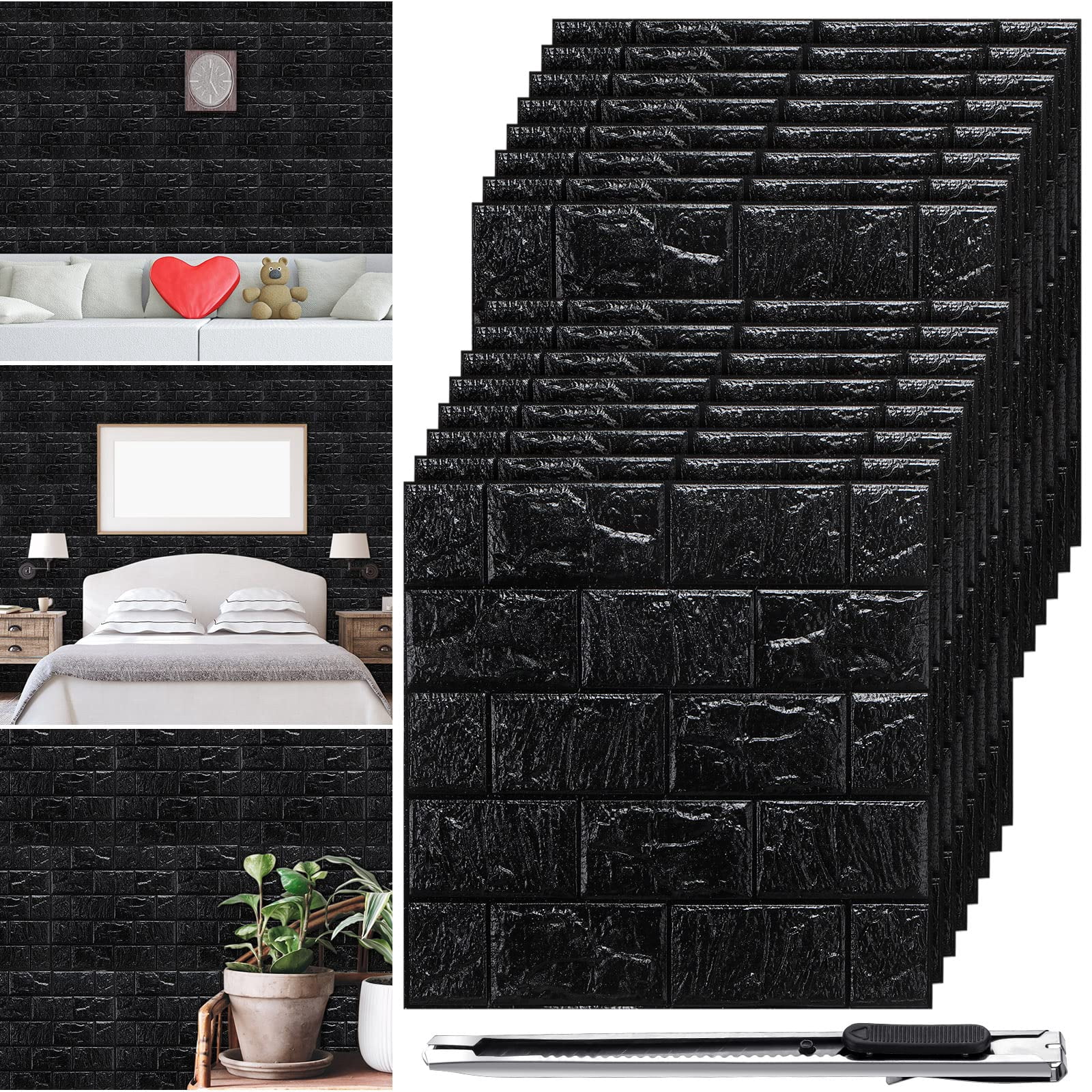3D Faux Foam Brick Peel and Stick Wallpaper Panels Black 60 Count ...