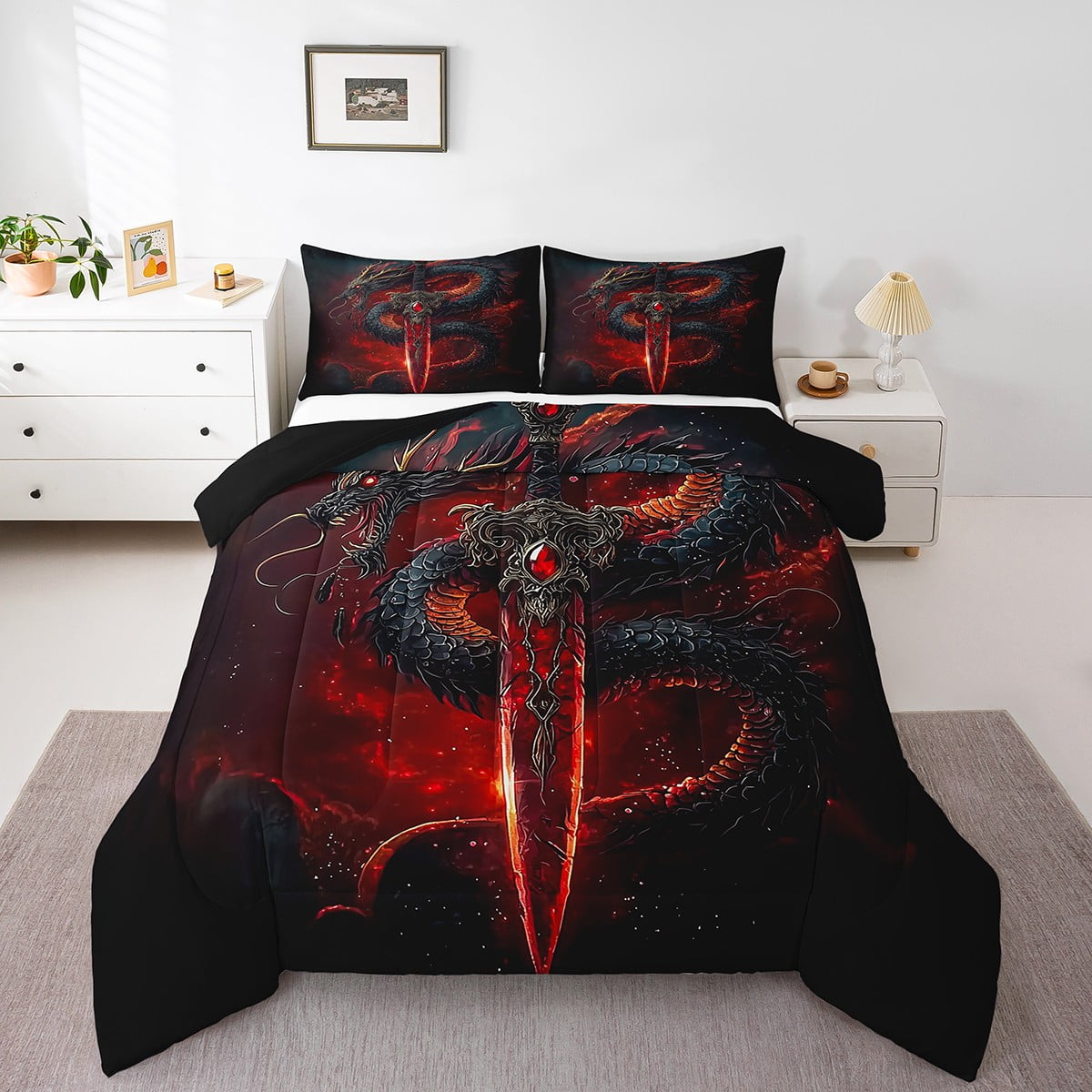 3D Fire Dragon Comforter Set Sword Theme Dragon Decor Bedding Sets ...