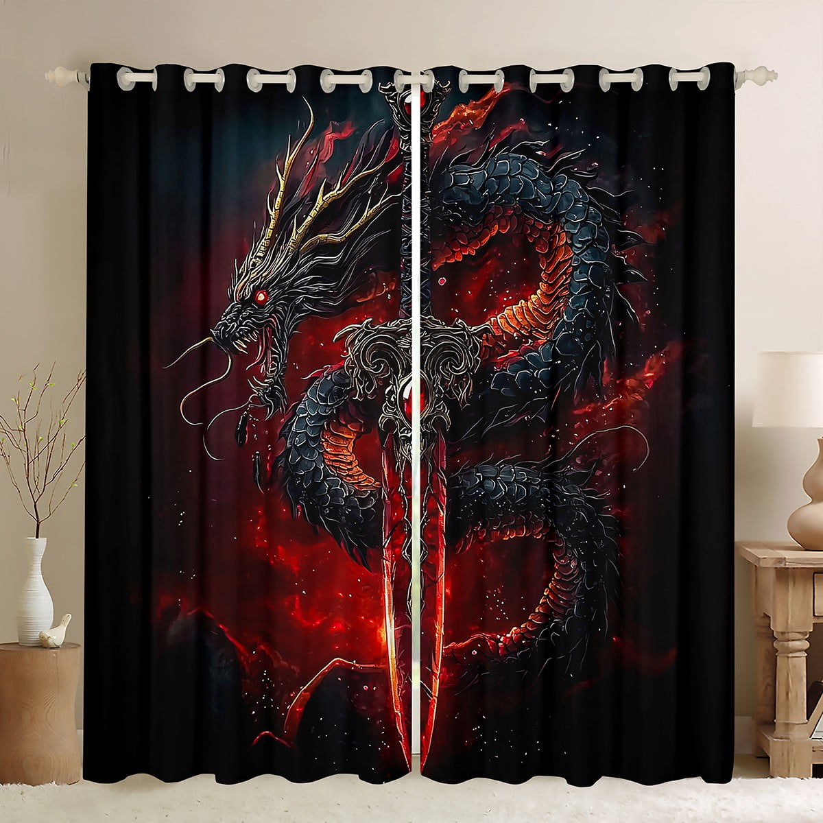 3D Fire Dragon Curtains Sword Theme Dragon Decor Curtains & Drapes ...