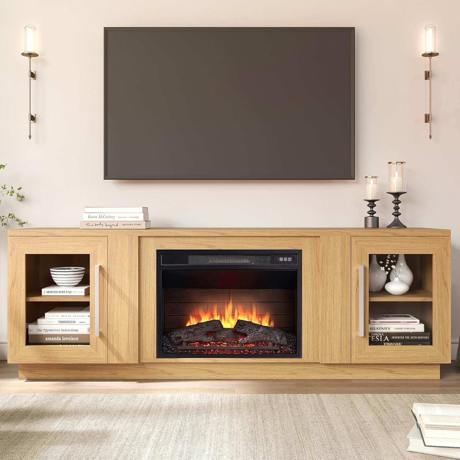 3D Fireplace TV Stand for TVs up to 80’’, Wooden Media Entertainment ...