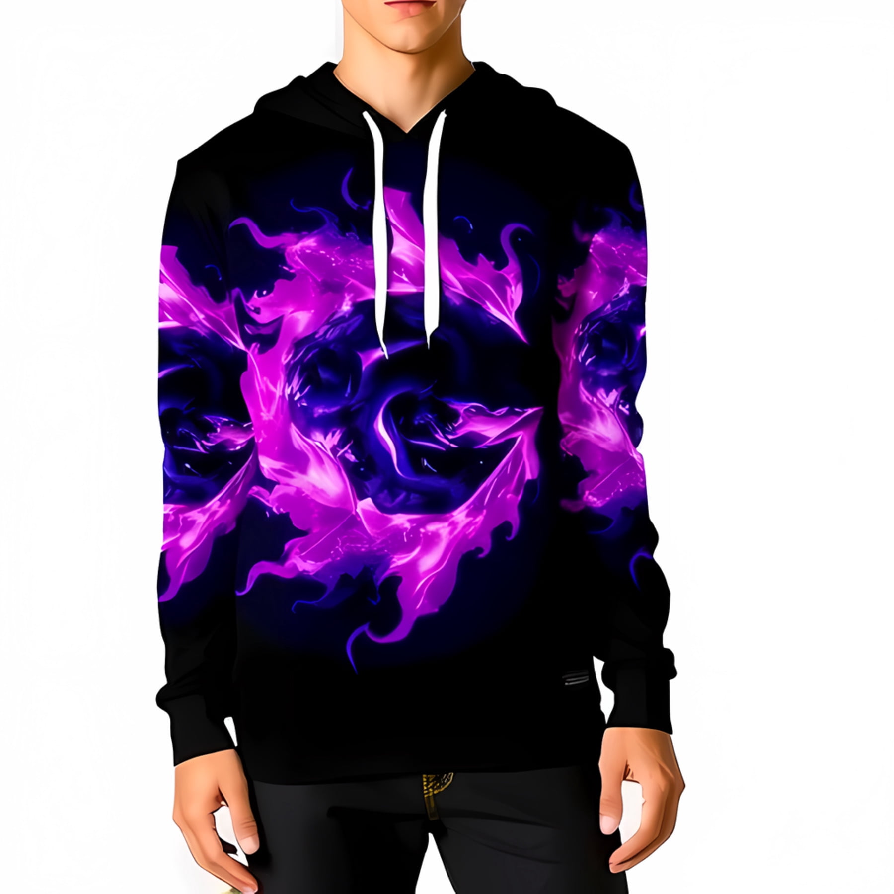 3D Flame Design Black Hoodie Vibrant Purple & Blue Abstract Fire Print ...
