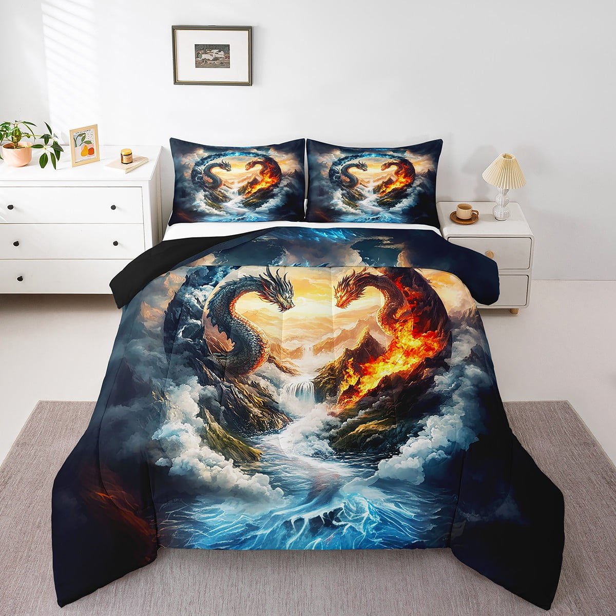 3D Flame Dragon Comforter Set Full Size,Vintage Dragon Ancient Wildlife ...