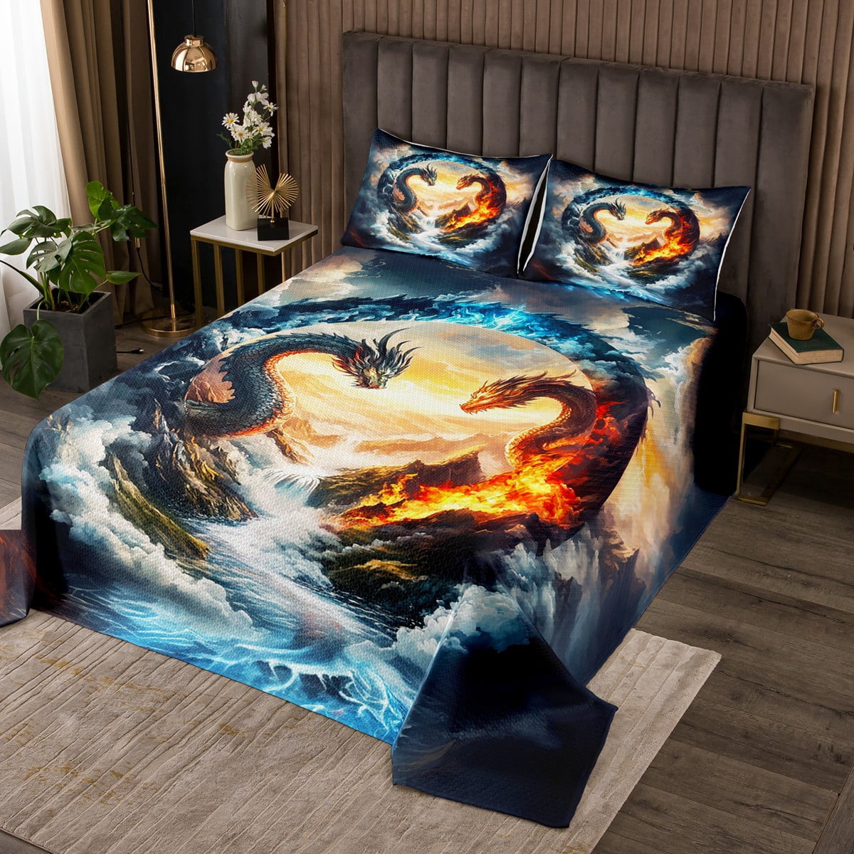 3D Flame Dragon Quilts Set ,Vintage Dragon Ancient Wildlife 2Pcs ...