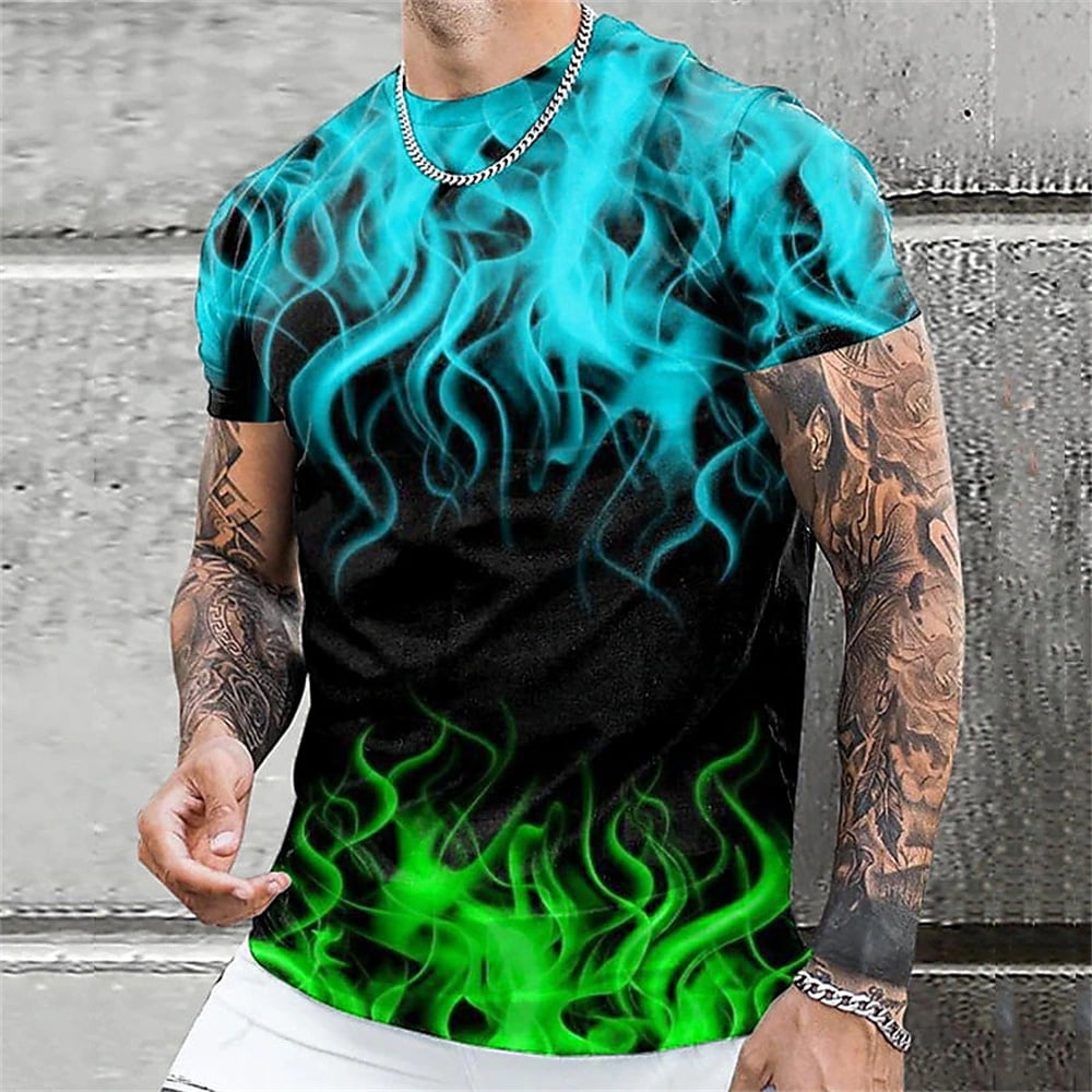 3D Flame Printed T Shirt For Men Fashion Gradient Harajuku Short Sleeve ...