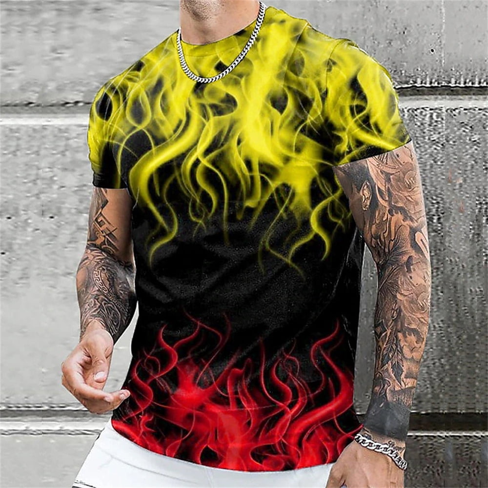 3D Flame Printed T Shirt For Men Fashion Gradient Harajuku Short Sleeve ...