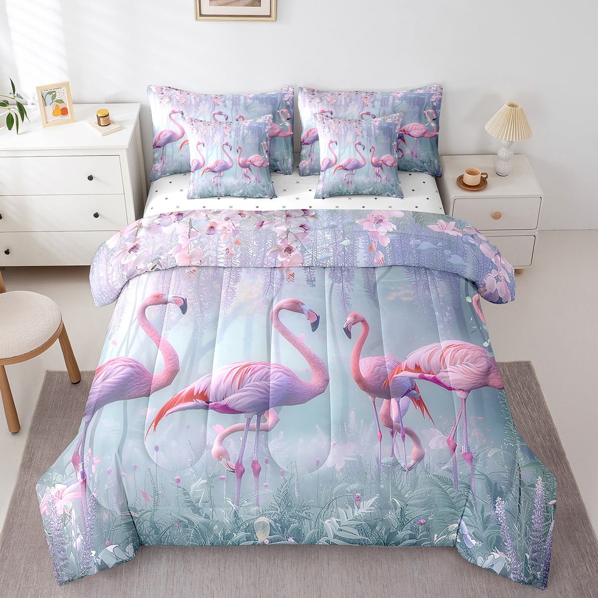 3D Flamingo 7 Piece Comforter Set Full Bed in a Bag,Tropical Botanical ...