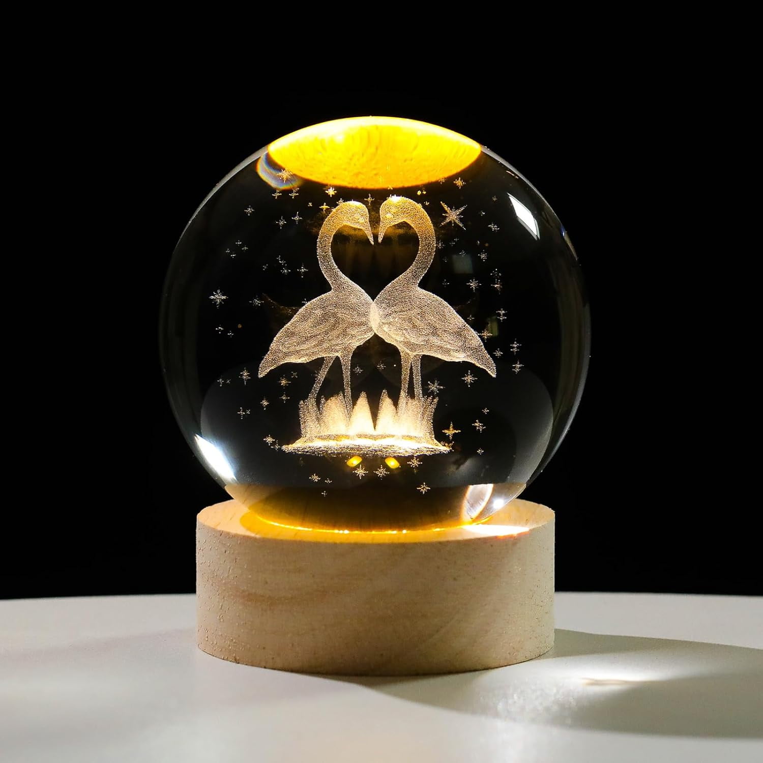 3D Flamingo Crystal Figurines with Wooden Light Base Gifts, Crystal ...
